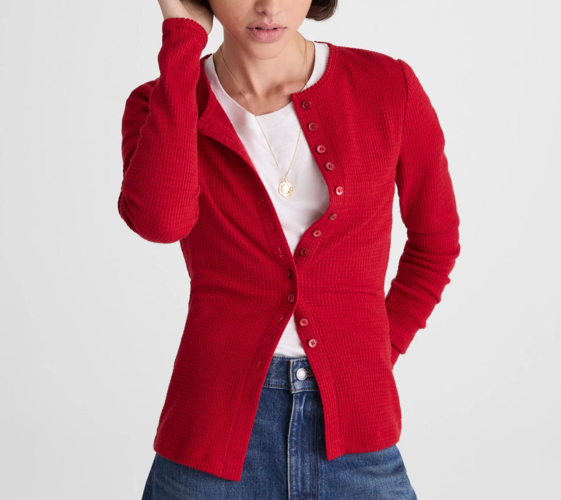 Madewell Waffle-Knit Cutaway Crewneck Cardigan - redtagricky.com